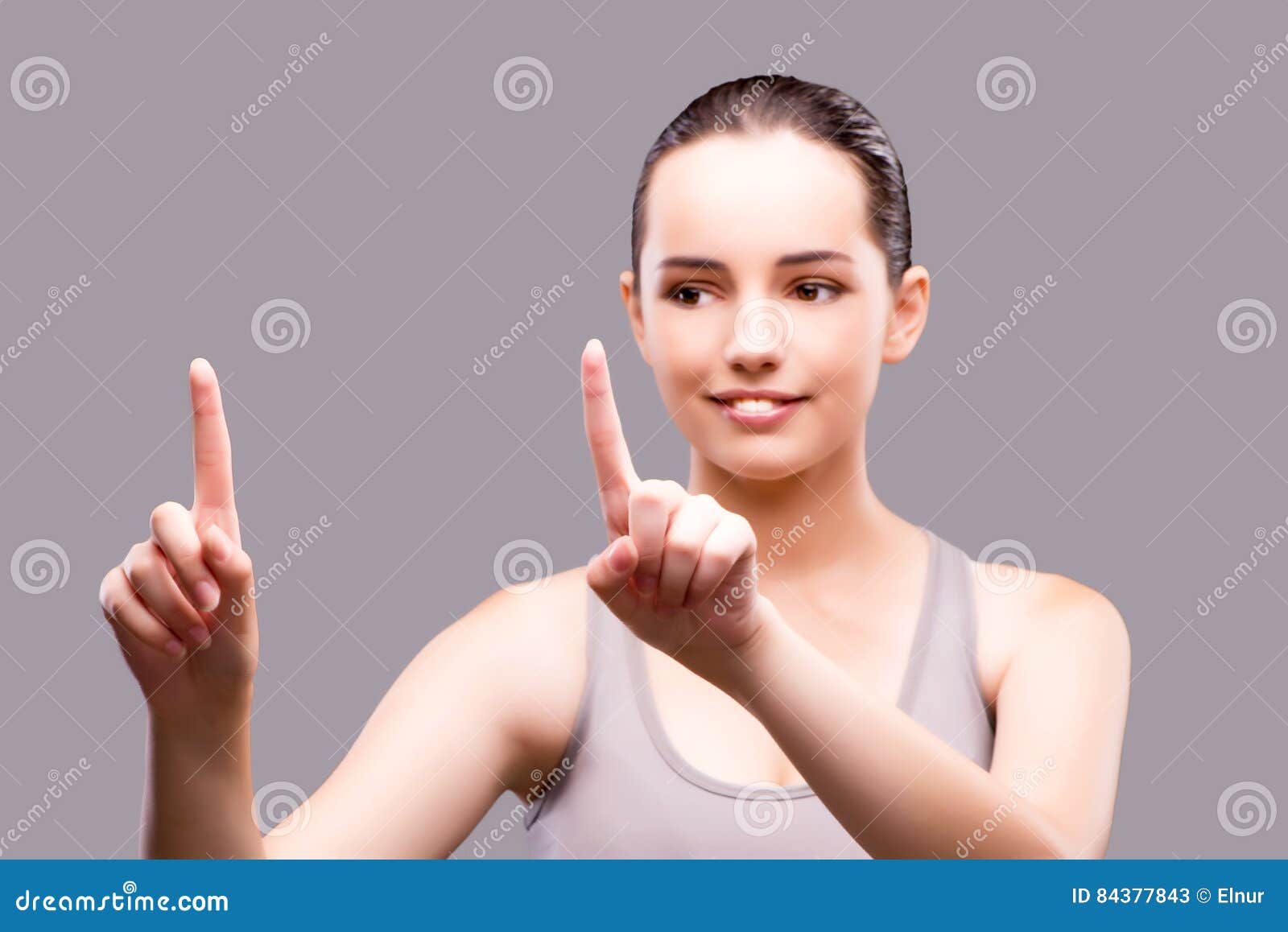 The Young Sports Girl Pressing Virtual Button Stock Image - Image of ...