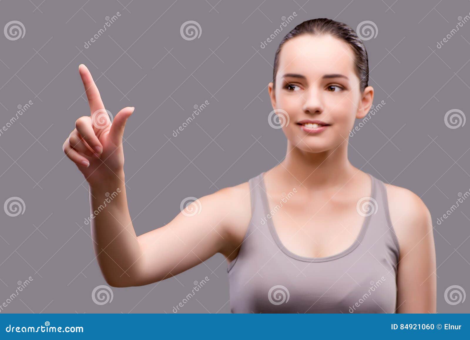 The Young Sports Girl Pressing Virtual Button Stock Photo - Image of ...