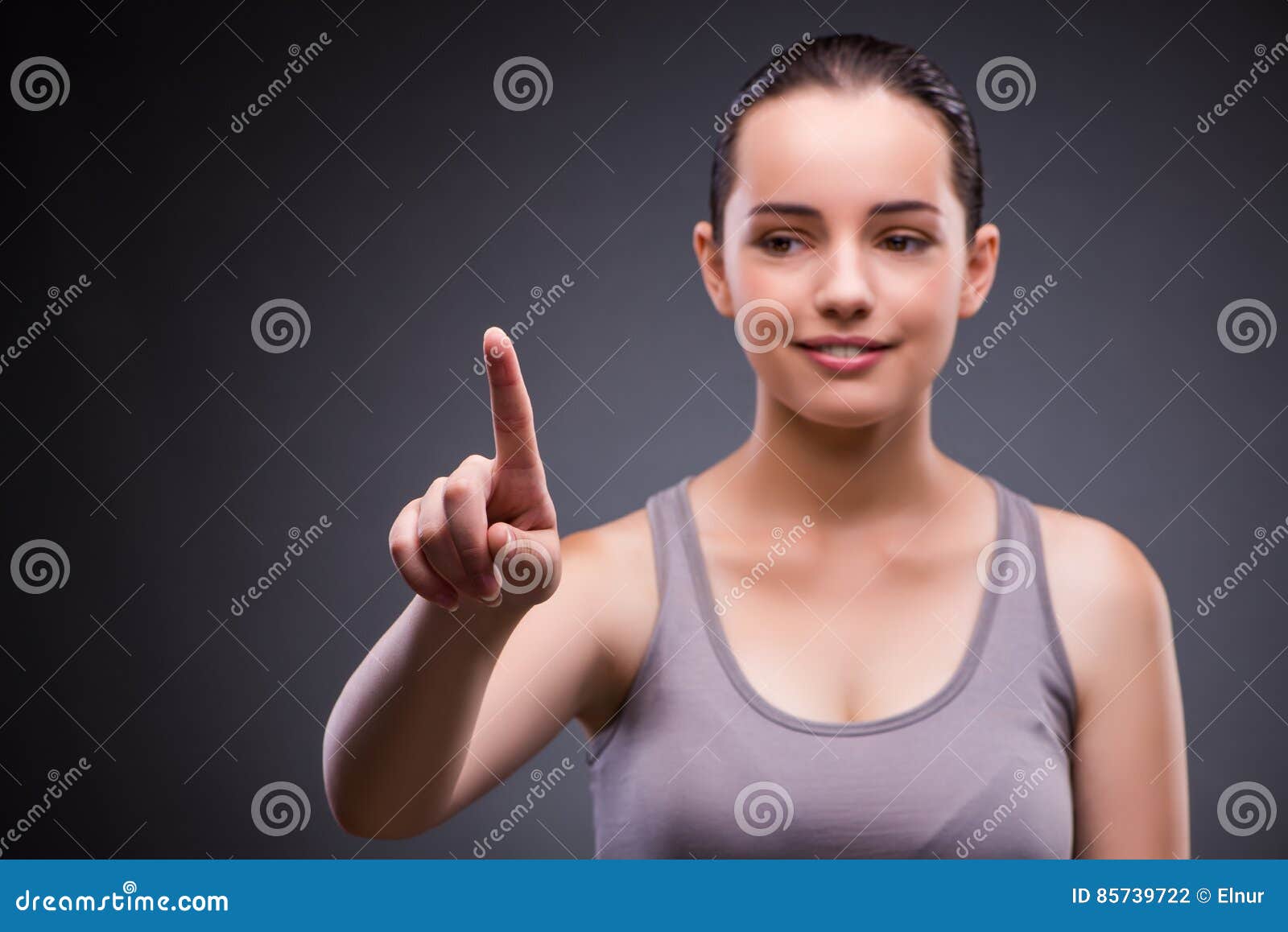 The Young Sports Girl Pressing Virtual Button Stock Photo - Image of ...