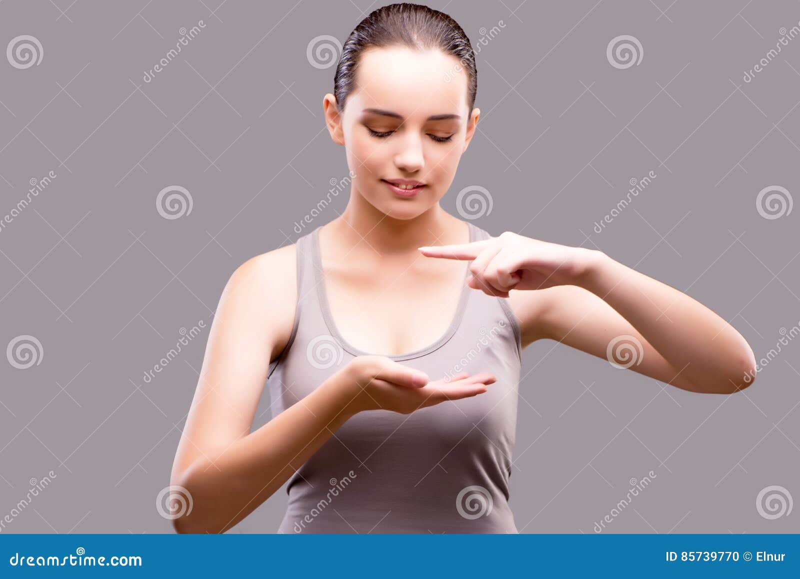 The Young Sports Girl Pressing Virtual Button Stock Photo - Image of ...