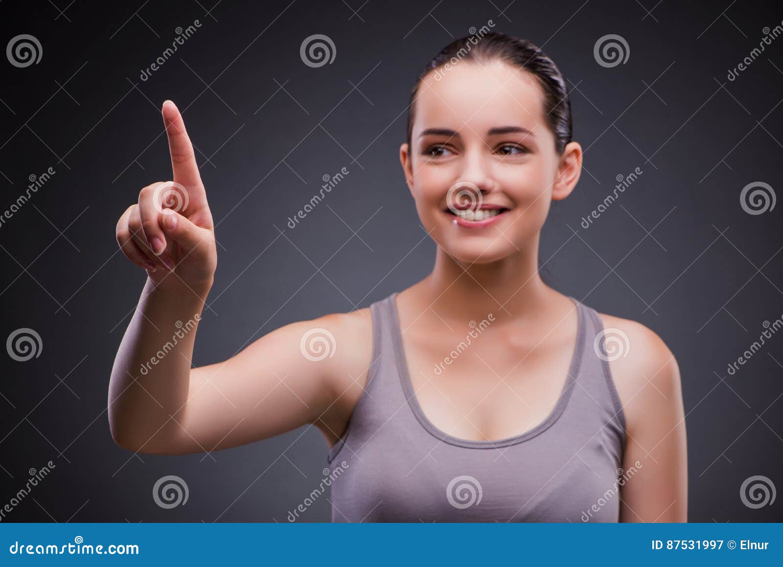 The Young Sports Girl Pressing Virtual Button Stock Image - Image of ...