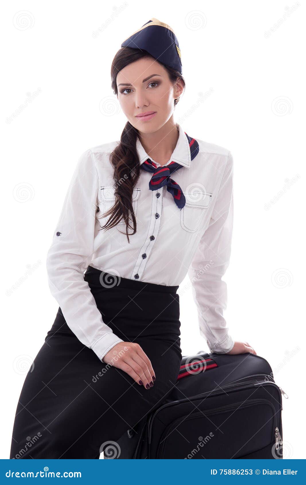 Young Stewardess Sitting on Suitcase Isolated on White Stock Image ...