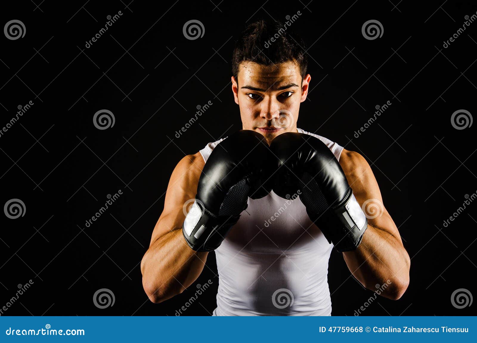 Young Strong Boxer with Black Gloves Stock Photo - Image of active ...