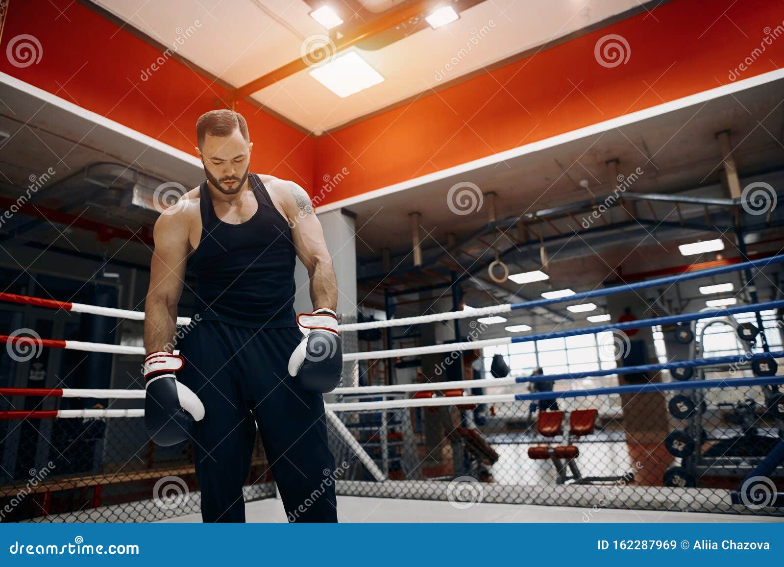 Young Strong Boxer Standing on the Ring, Looking Down, Being Tired ...