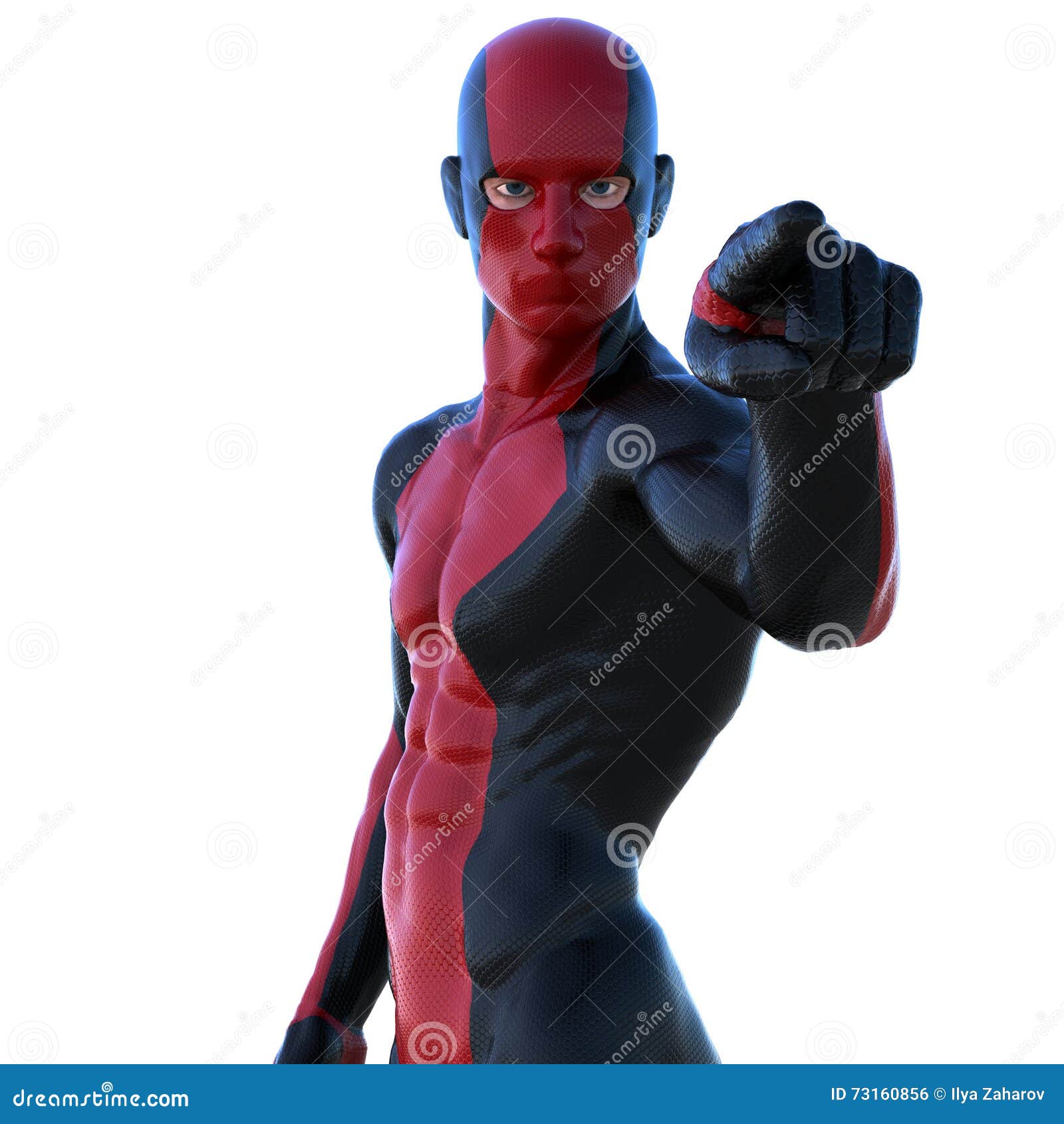 A Young Strong Man in a Red and Black Super Suit. he Points at the ...