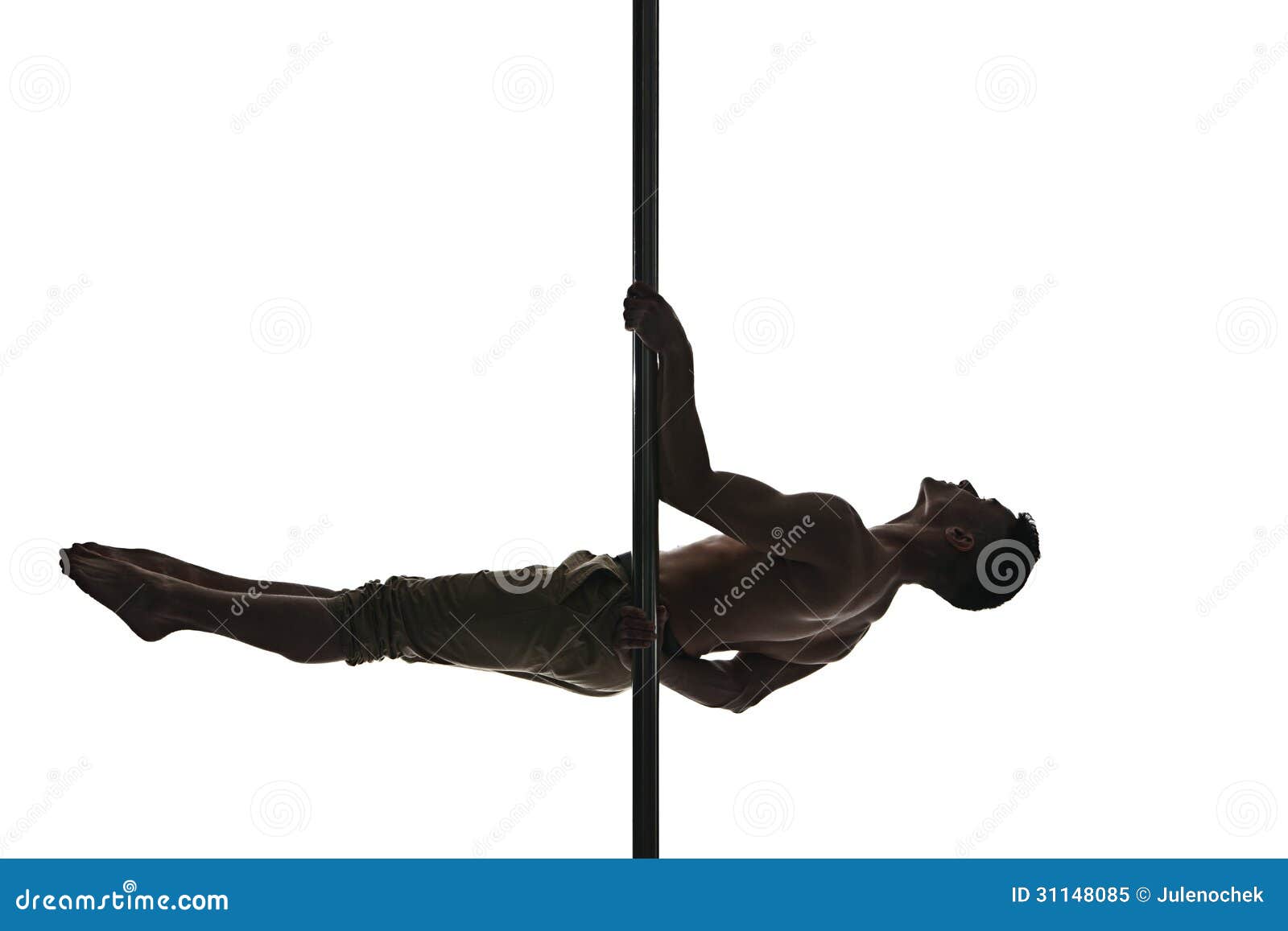 Strong Pole Dancer Smiling Man In Black Clothes On Pylon White
