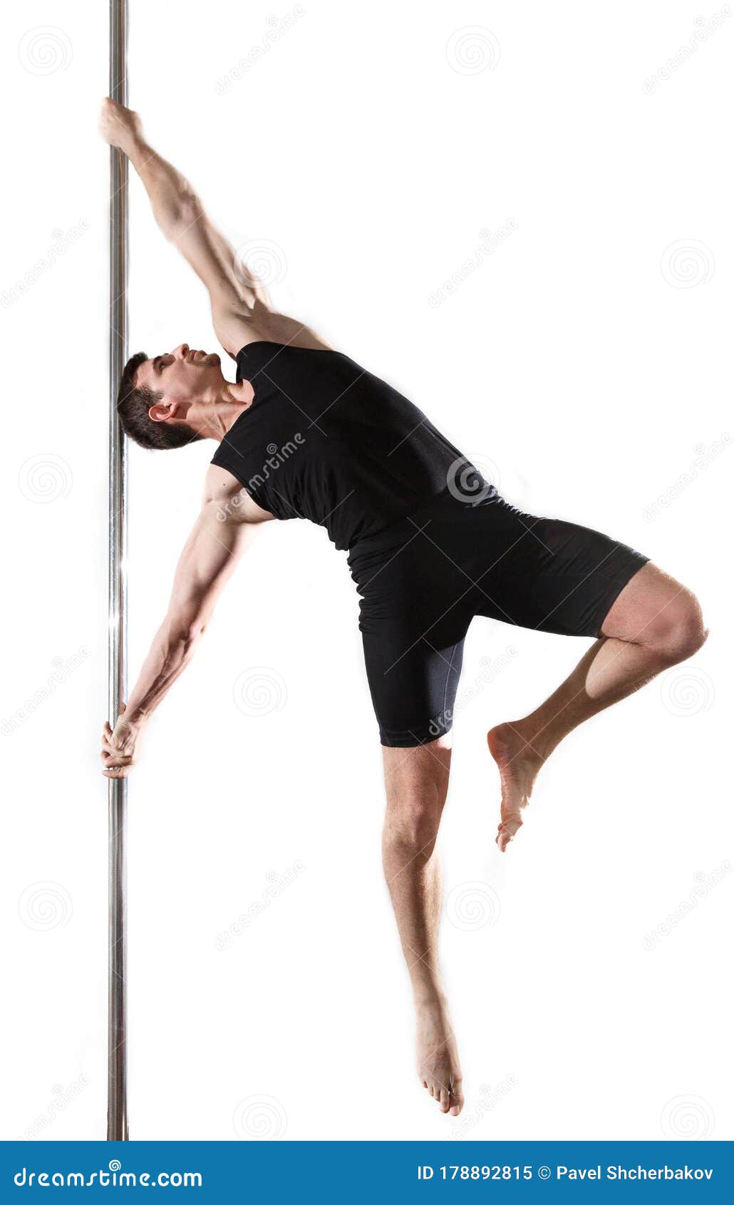 Strong Pole Dancer Smiling Man In Black Clothes On Pylon White