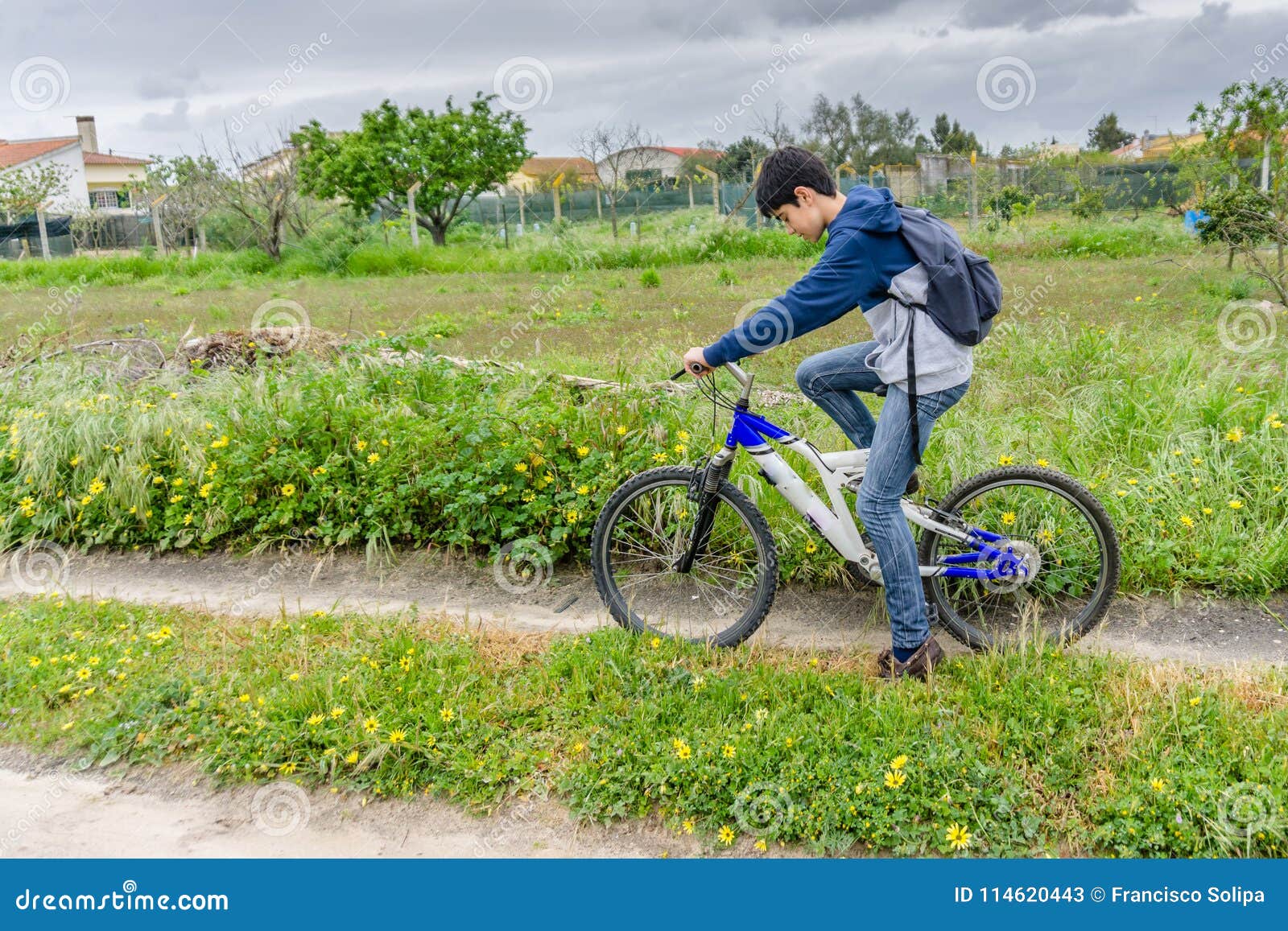 Young Student with Backpack and Bicycle. Go To School Stock Image ...