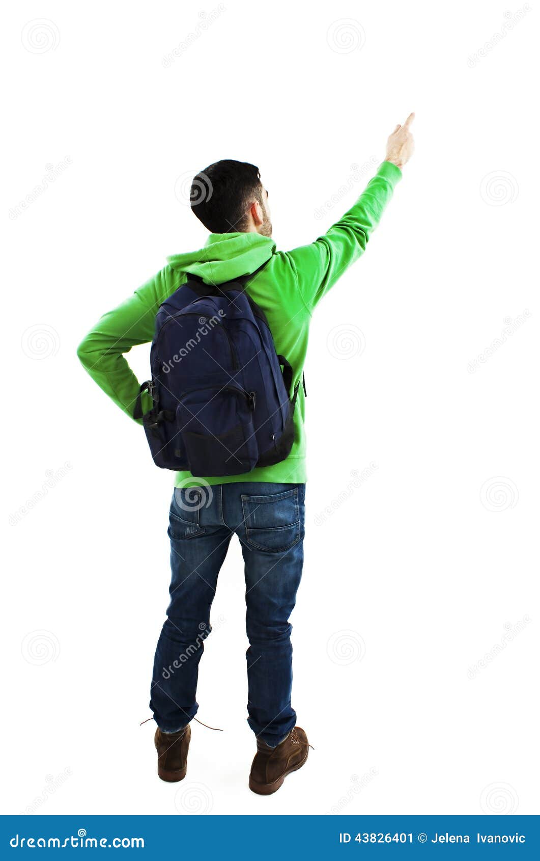 Young Student with Backpacks Pointing at Wall. Back View Stock Image ...
