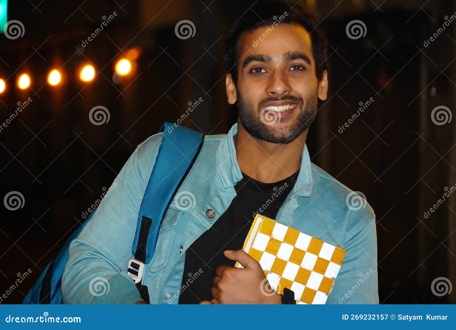 Young Student with Book and Bag in Night Stock Image - Image of color ...