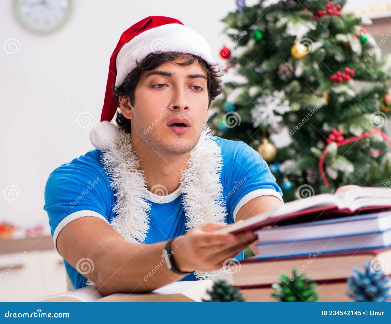 Young Student with Book at Christmas Eve Stock Image - Image of back ...