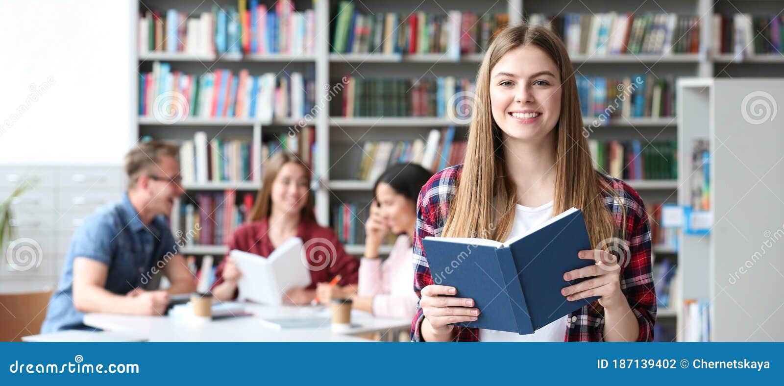 Student with Book in Library, Space for Text. Banner Design Stock Photo ...