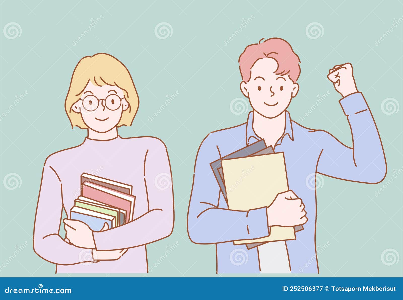 Young Student with Books in Hands Ready To Take Final Exams. Hand Drawn ...