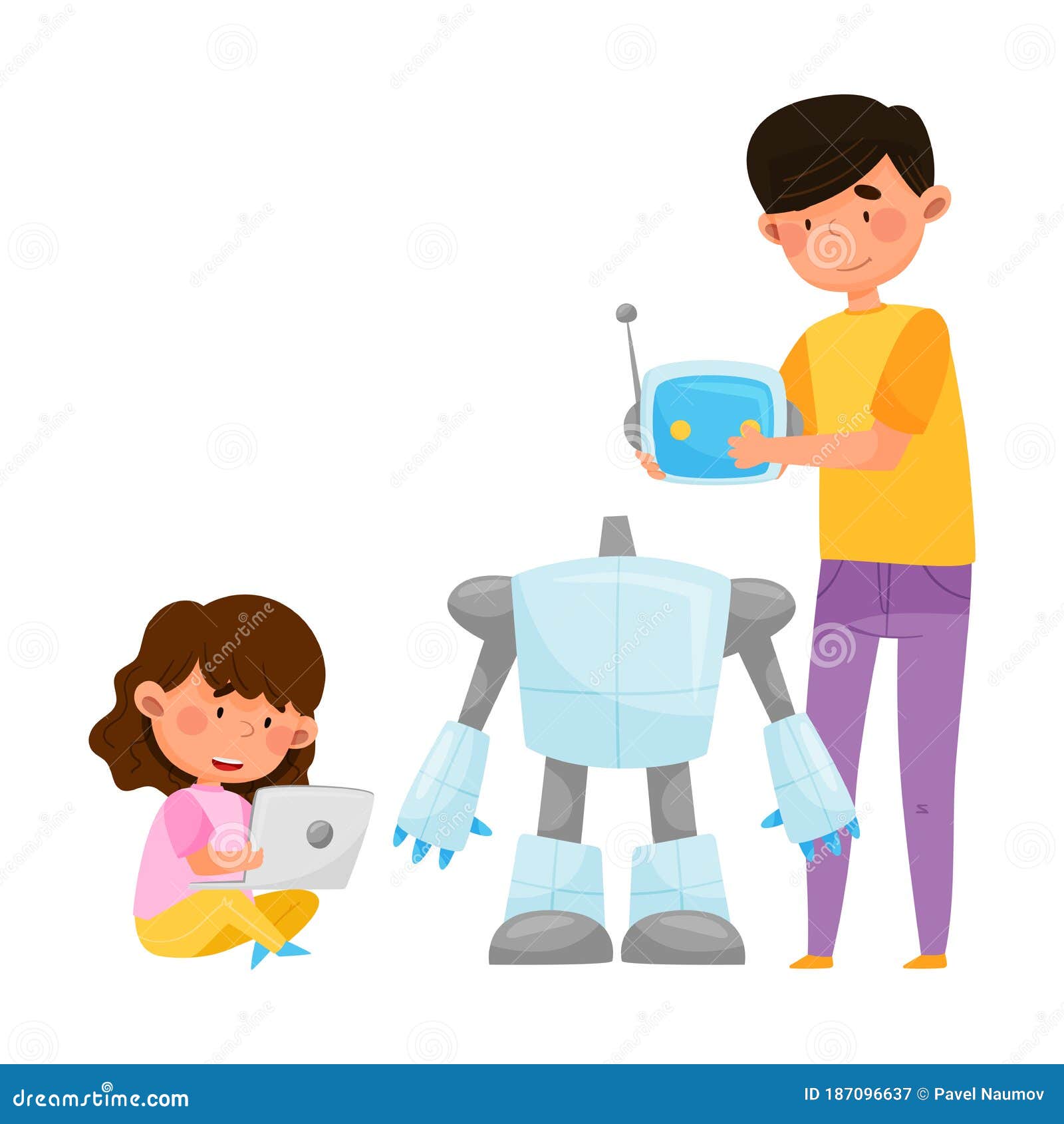 Young Student Boy Standing with Kid and Controlling Robot with Tablet ...