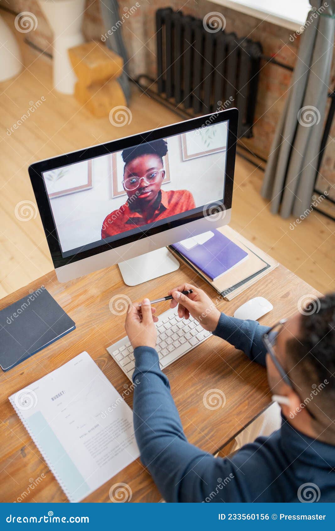 Young Student on Computer Screen Looking at Teacher Stock Photo - Image ...