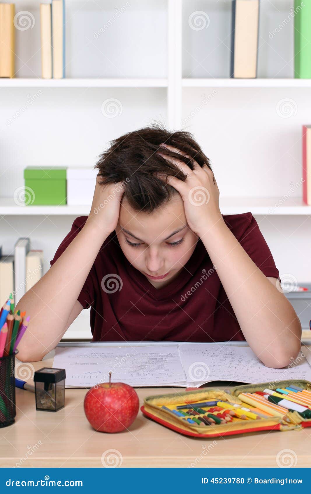 Young Student Desperate and Overworked with Homework at School Stock ...