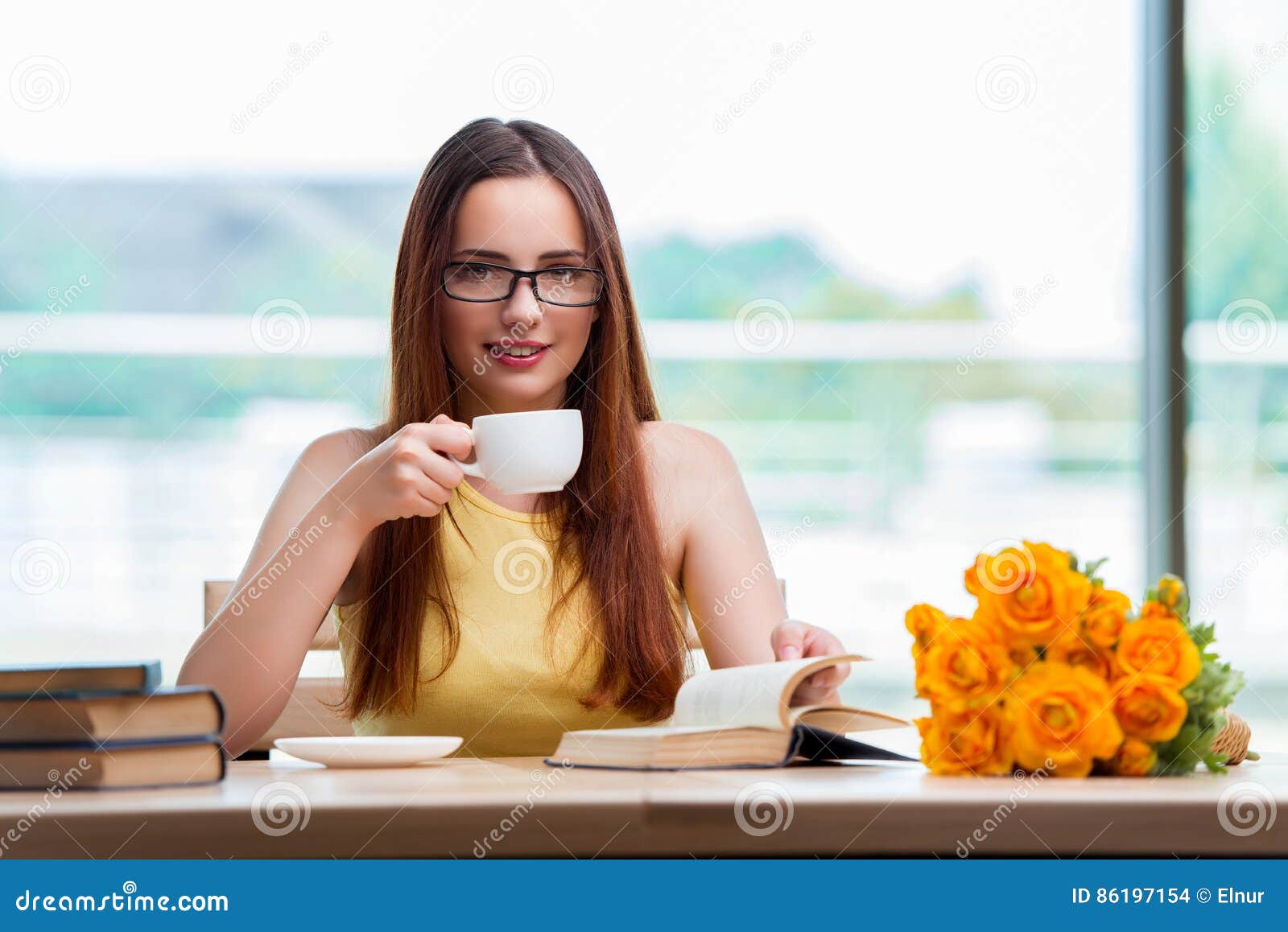 The Young Student Drinking Coffee while Sudying Stock Photo - Image of ...