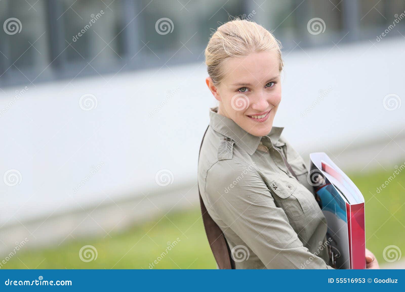 Young Student in Front of Campus Stock Image - Image of portrait, blond ...