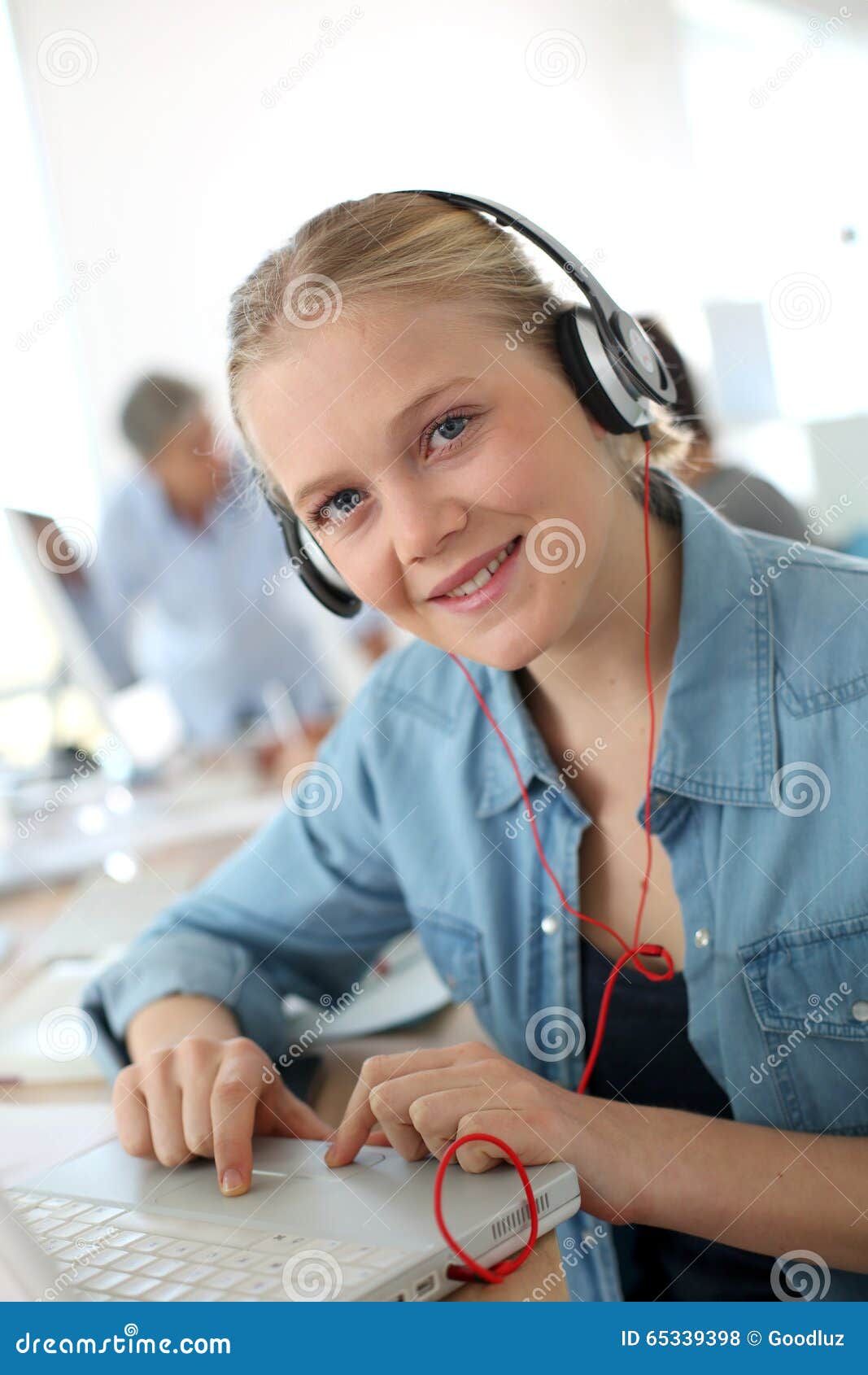 Young Student Girl with Headphones and Laptop Stock Photo - Image of ...
