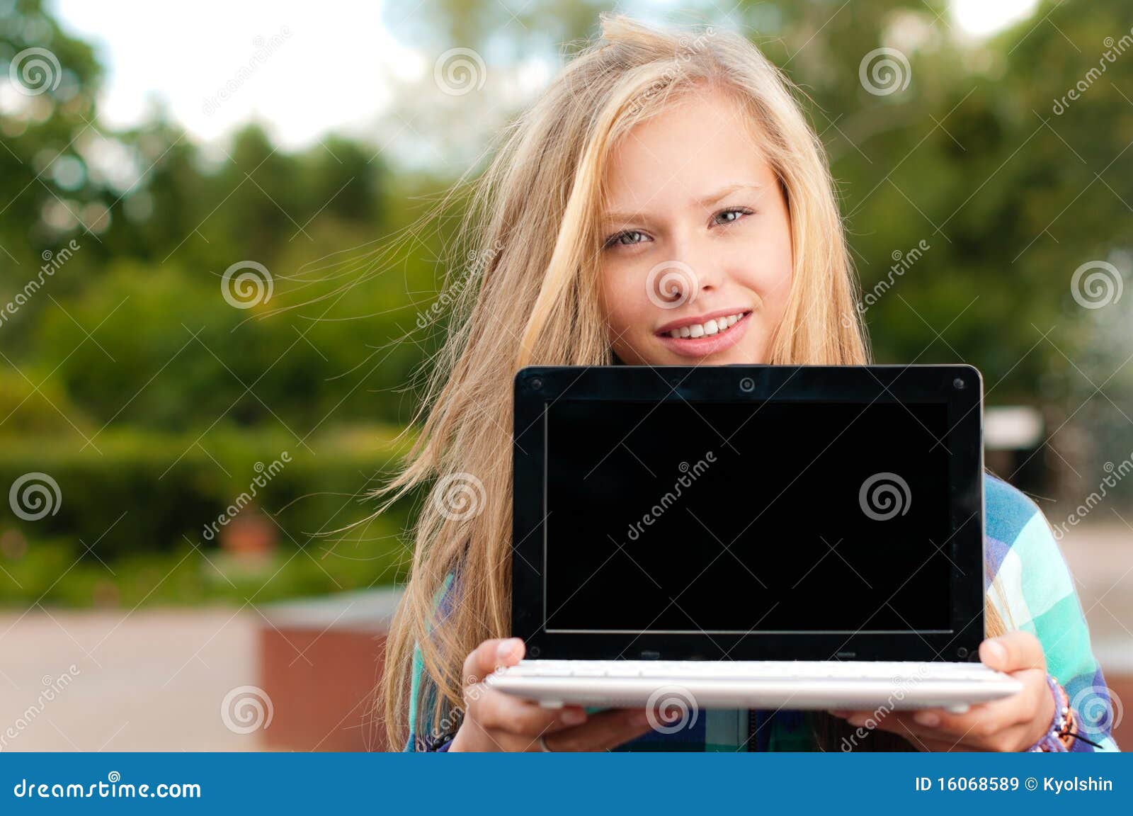 Young Student Girl with Laptop Stock Image - Image of green, portrait ...