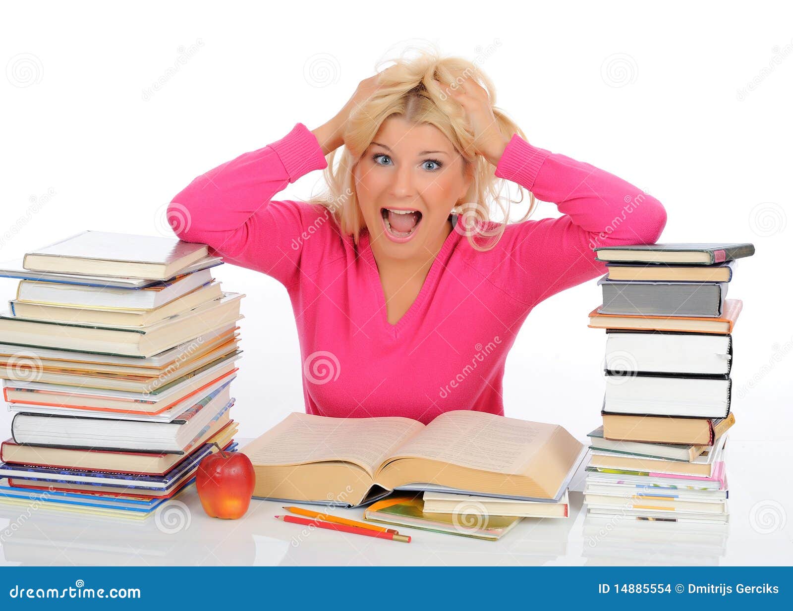 Young Student Girl With Lots Of Books In Panic Stock Images - Image ...