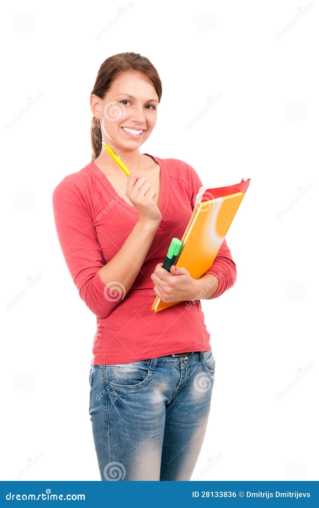 Young Student Girl with Notebooks and Pen Isolated on White Back Stock ...