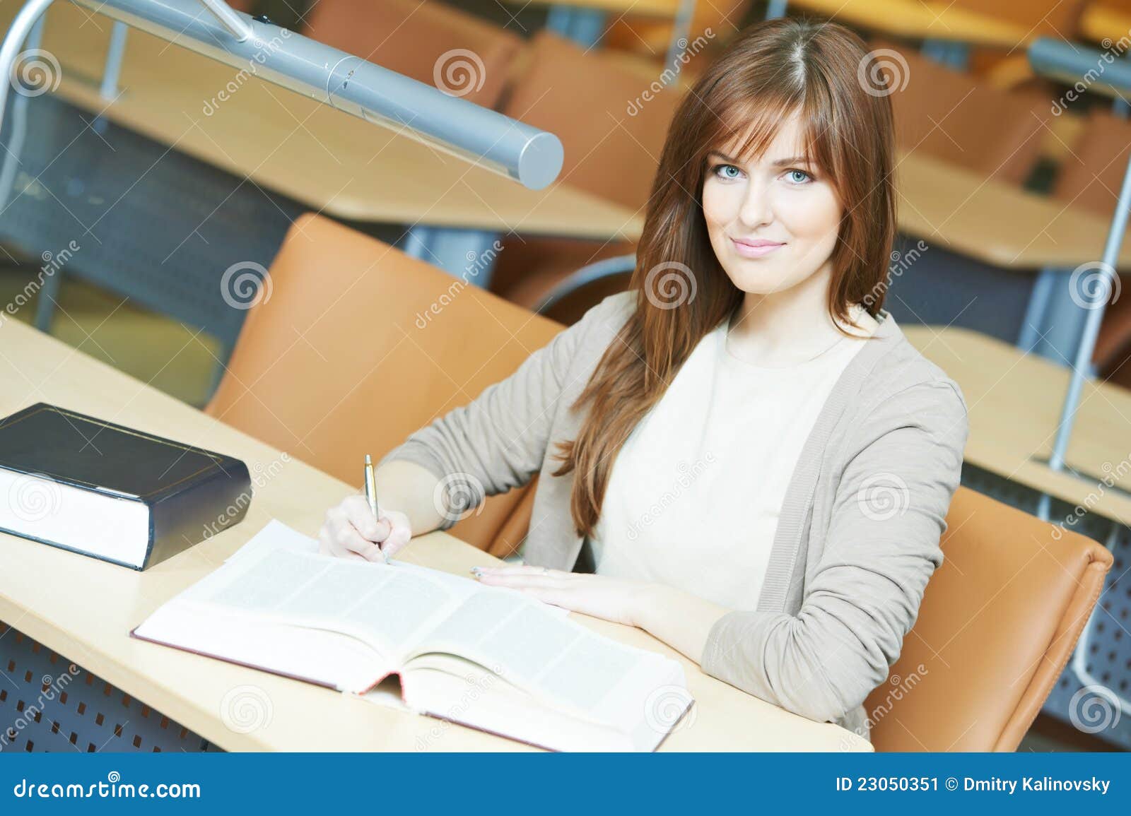 Young Student Girl Study with Book in Library Stock Image - Image of ...