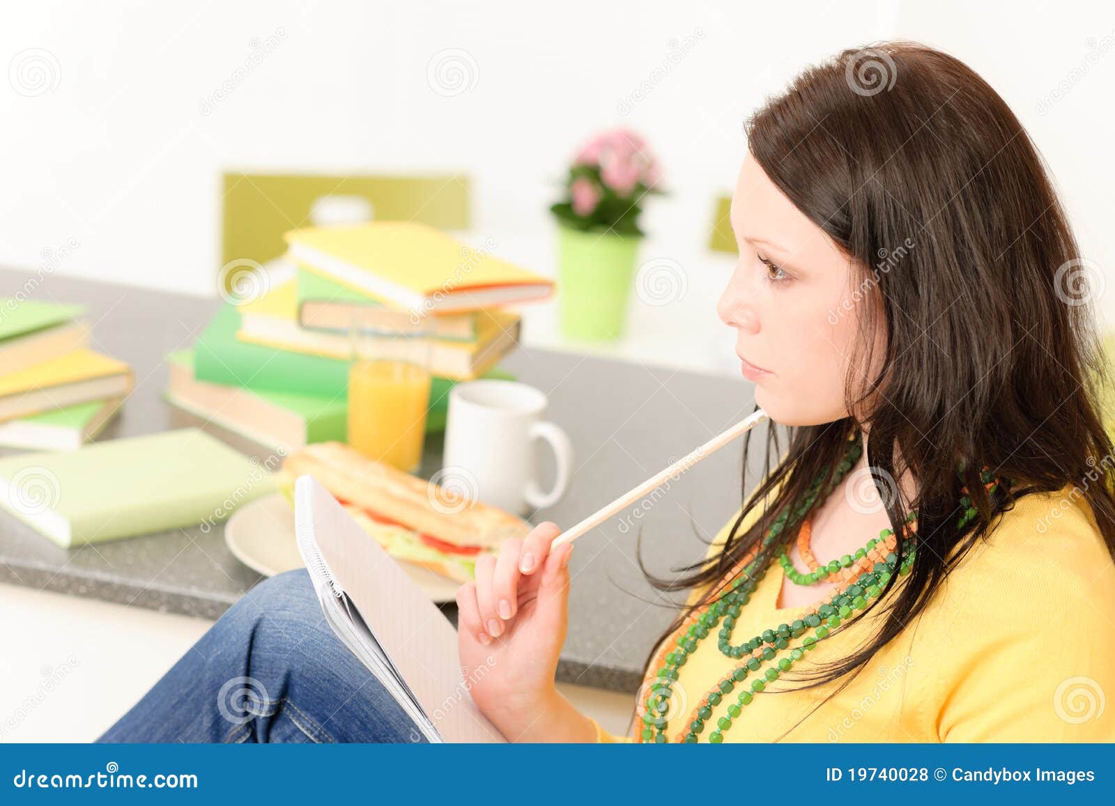Young Student Girl Thinking in Kitchen Stock Photo - Image of notes ...