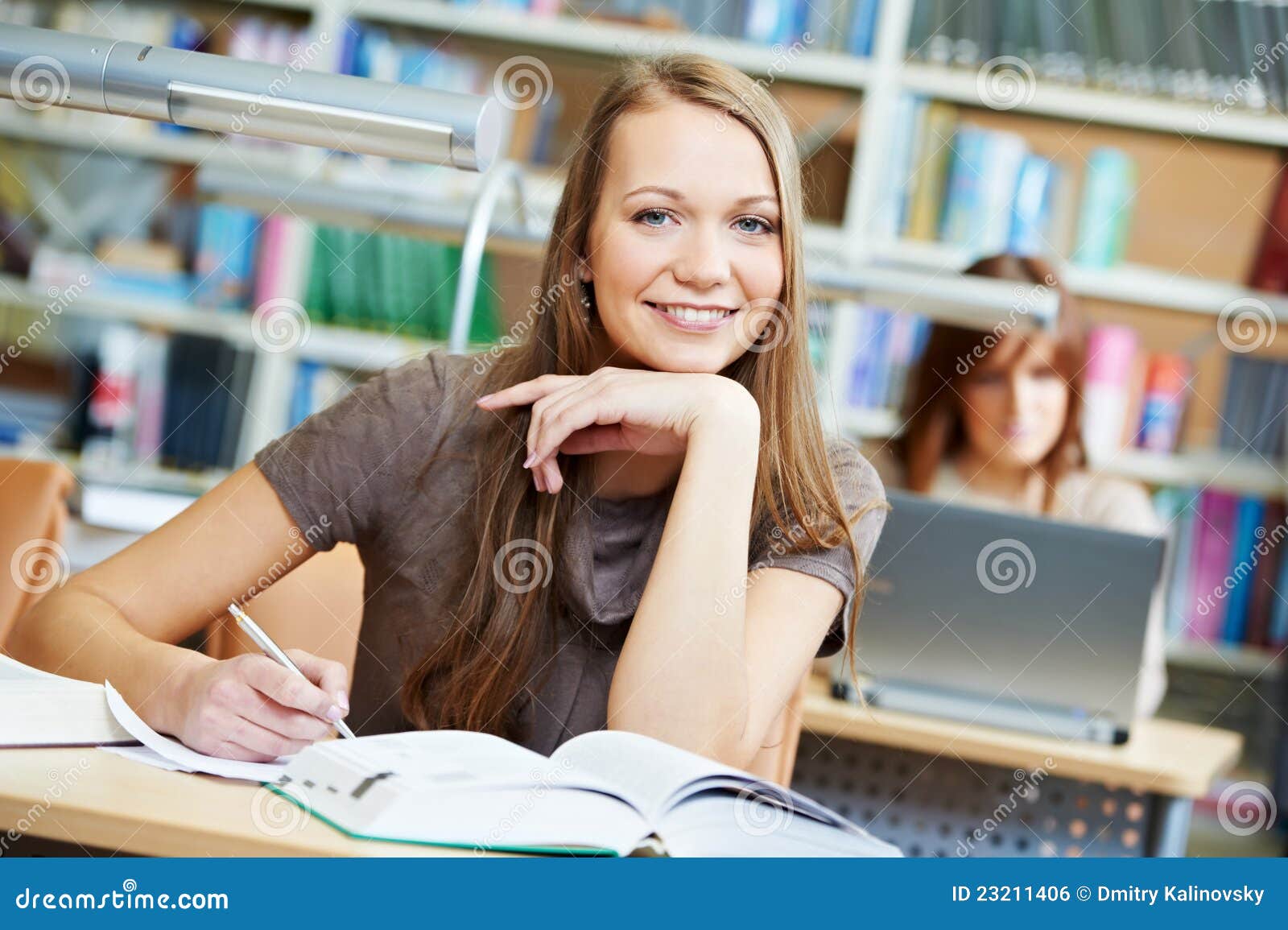 Young Student Girl Working with Book at Library Stock Photo - Image of ...