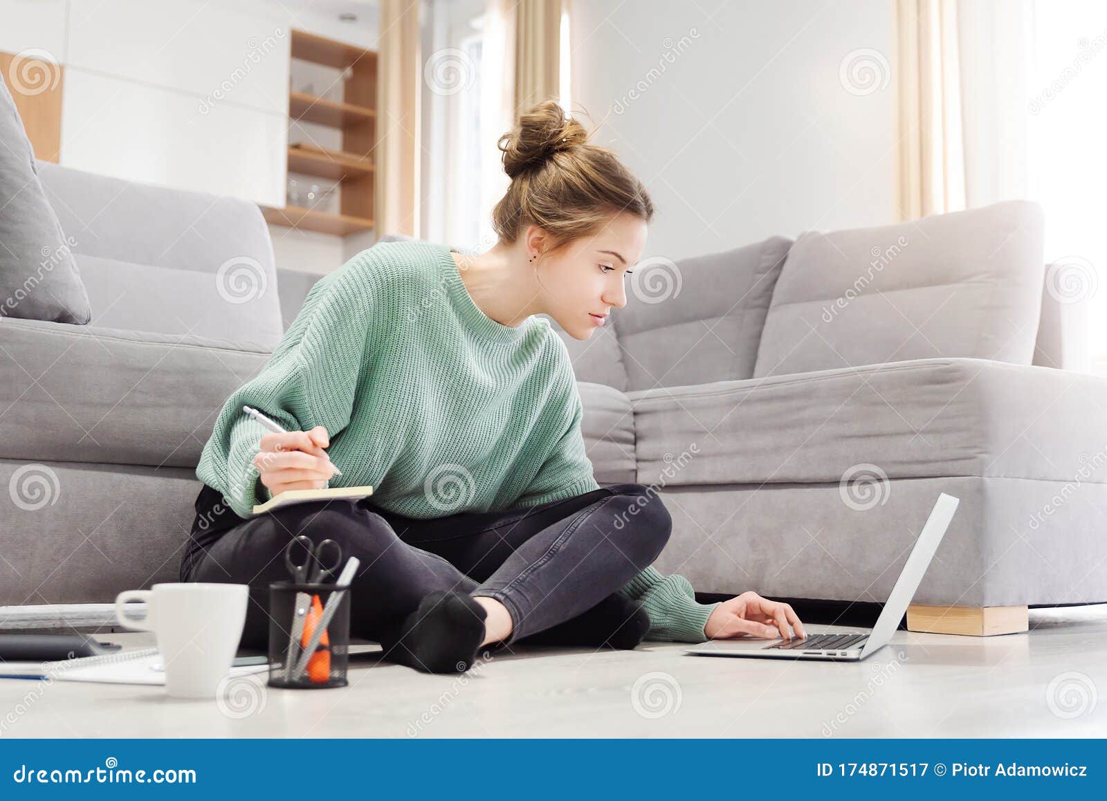 Young Student Learns at Home on the Floor Stock Image - Image of ...
