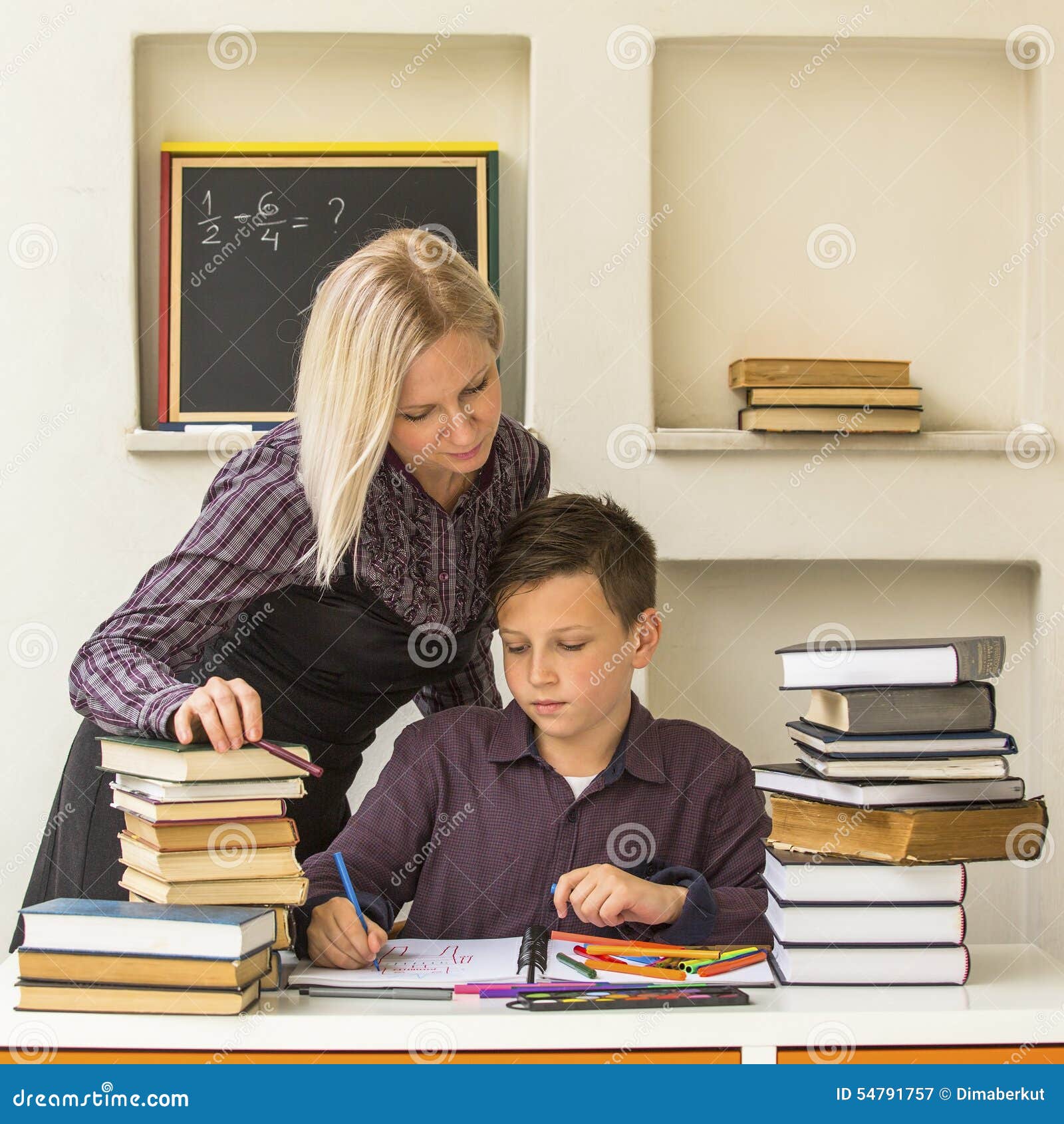 Young Student Learns at Home with a His Tutor. Education. Stock Image ...