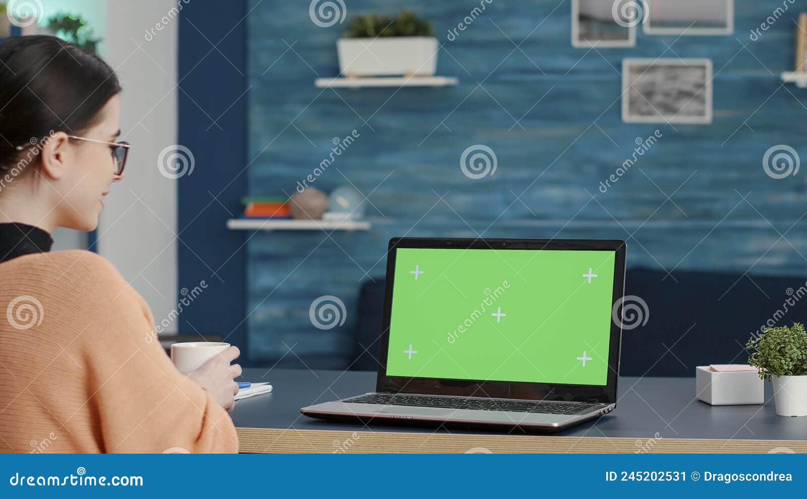 Young Student Looking at Green Screen on Laptop Computer Stock Image ...