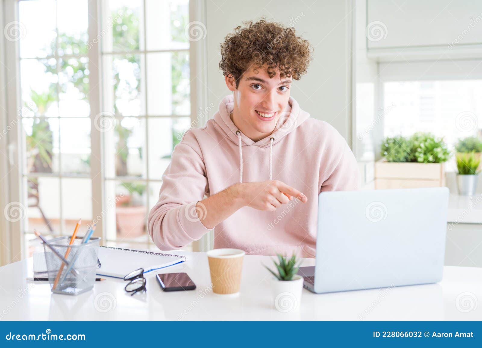 Young Student Man Working and Studying Using Computer Laptop Very Happy ...