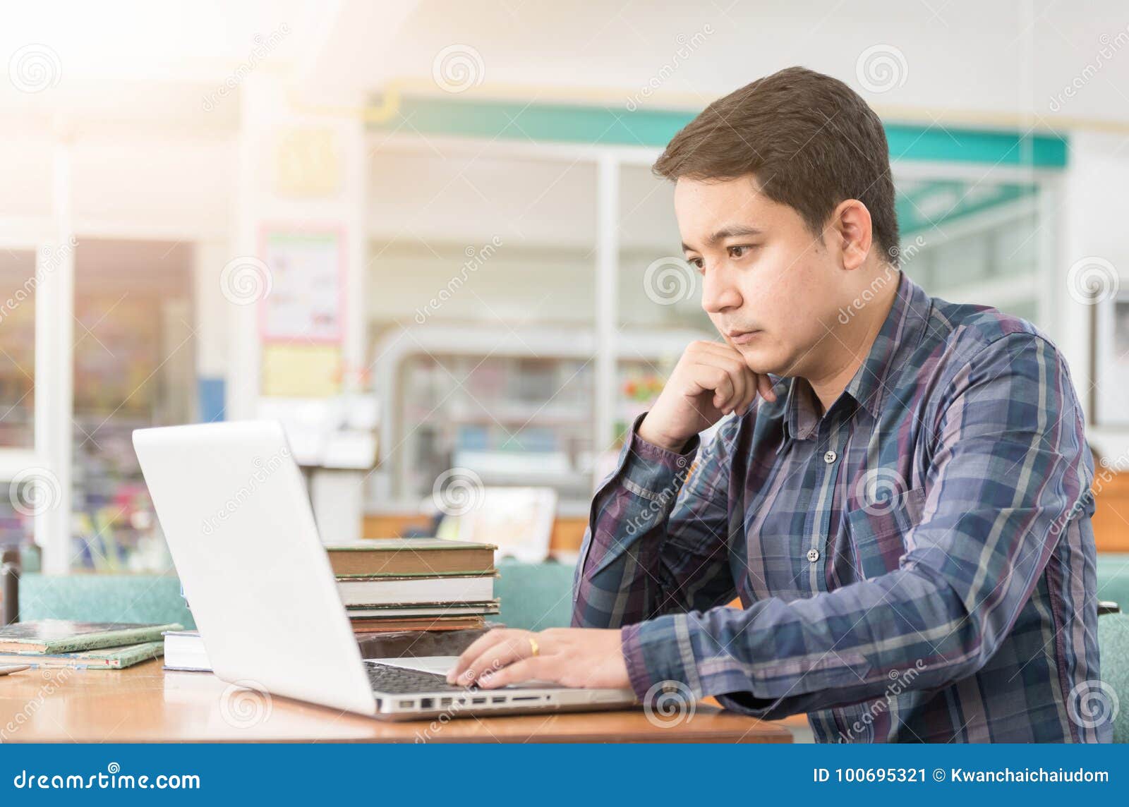 Young Student Play Computer and Preparing Exam and Learning Stock Image ...