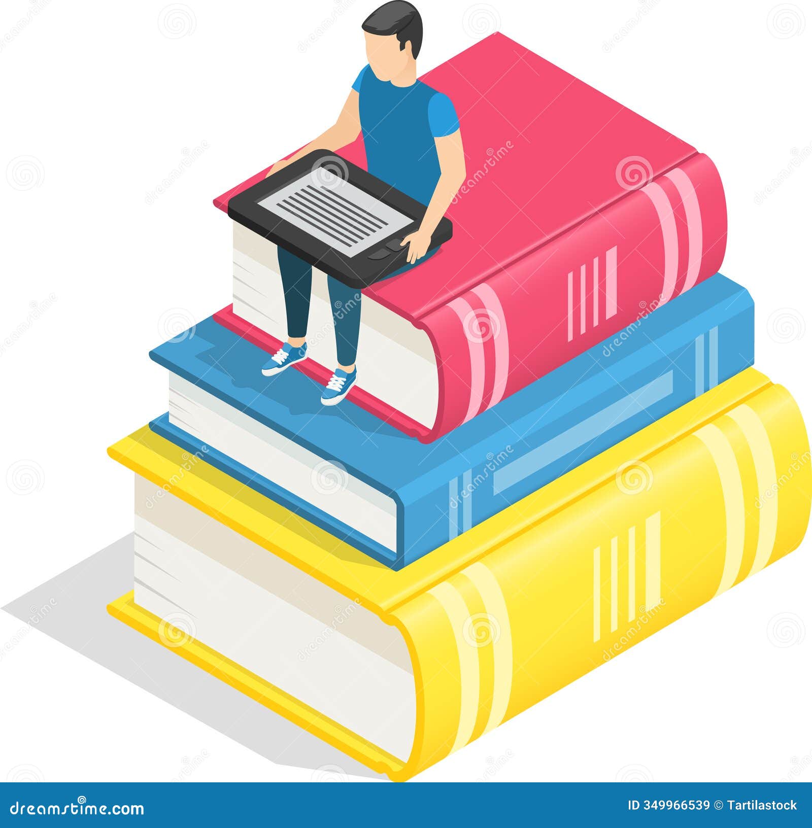 Young Student Reading an E Book while Sitting Atop a Stack of Oversized ...