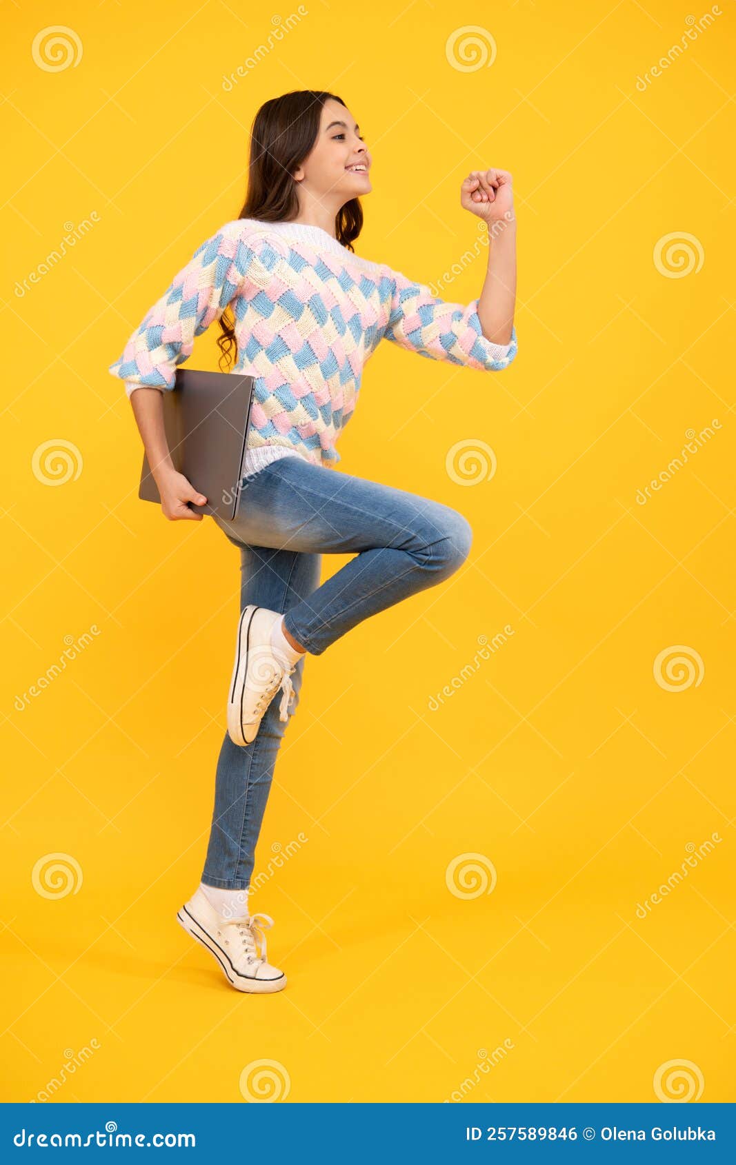 Young Student School Girl, Studying with Laptop Computer. E-learning ...