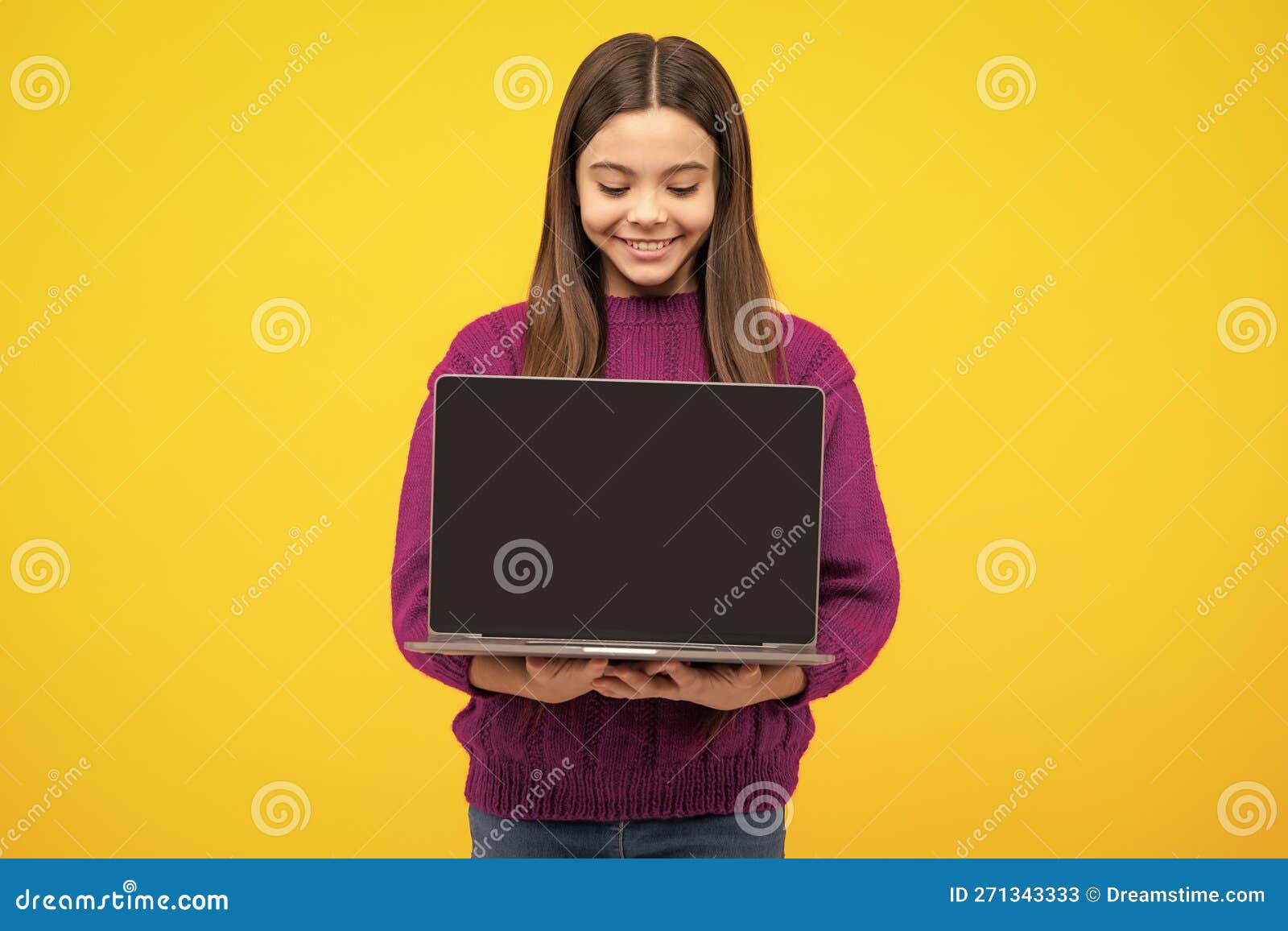 Young Student School Girl, Studying with Laptop Computer. Screen of ...