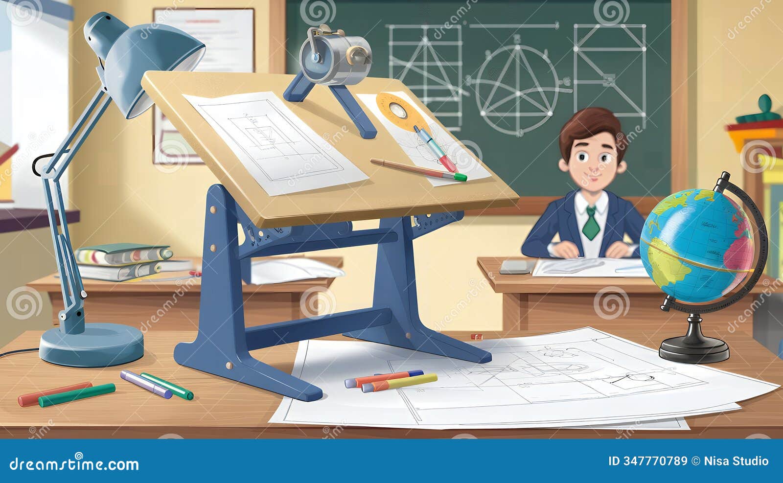 A Young Student S Drafting Table in a Classroom Setting, Surrounded by ...