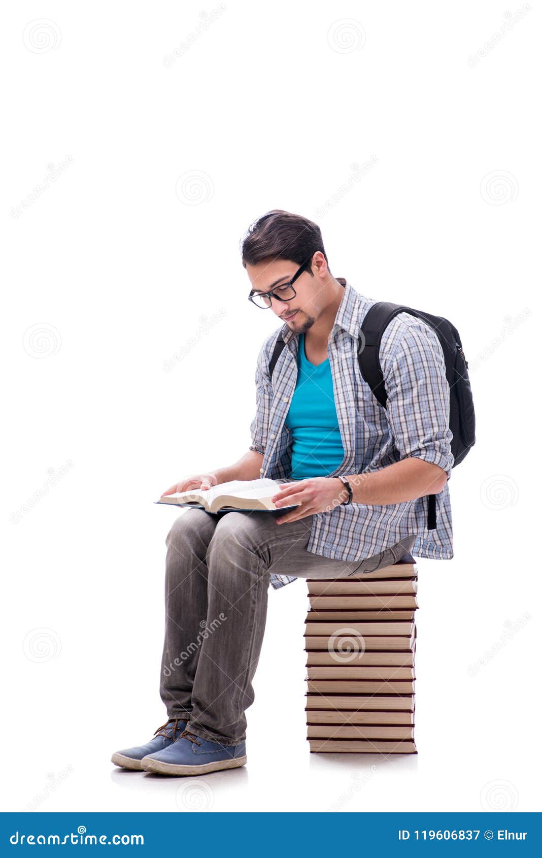 The Young Student Sitting on Top of Book Stack on White Stock Image ...