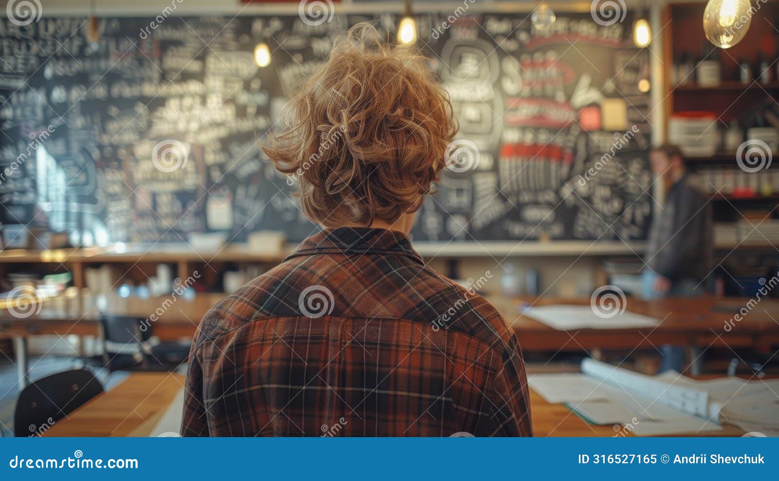 Young Student Solving Math Problems in a Busy Class with Chalkboard ...