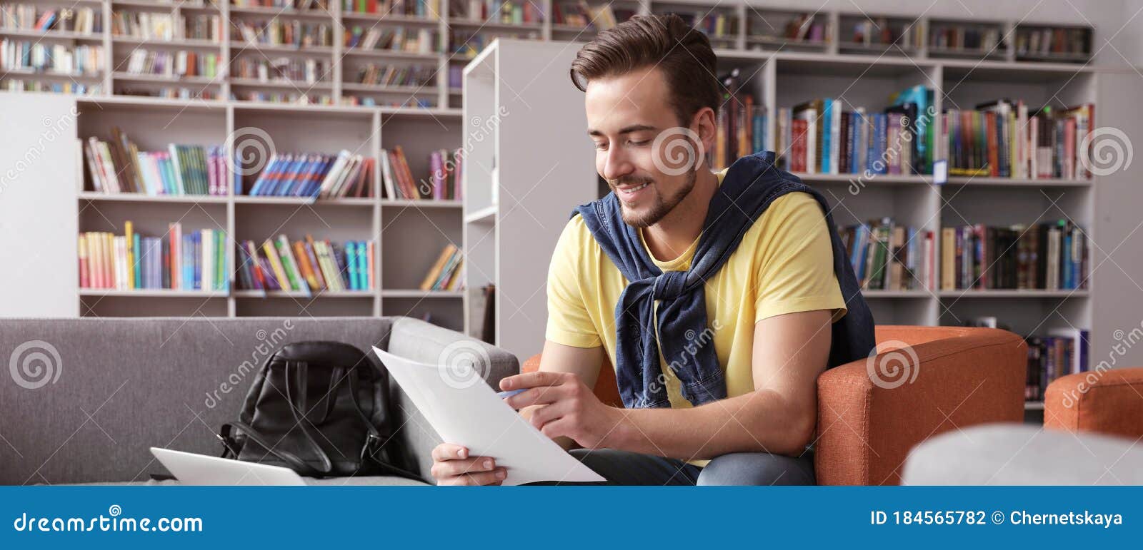 Student at Table in Library. Banner Design Stock Photo - Image of happy ...