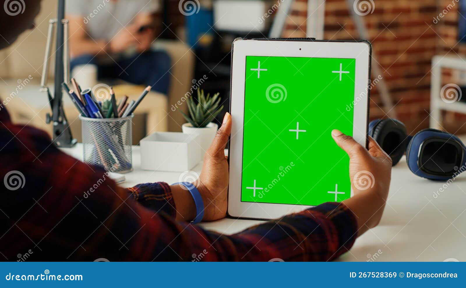 Young Student Using Greenscreen Template on Digital Tablet Stock Image ...