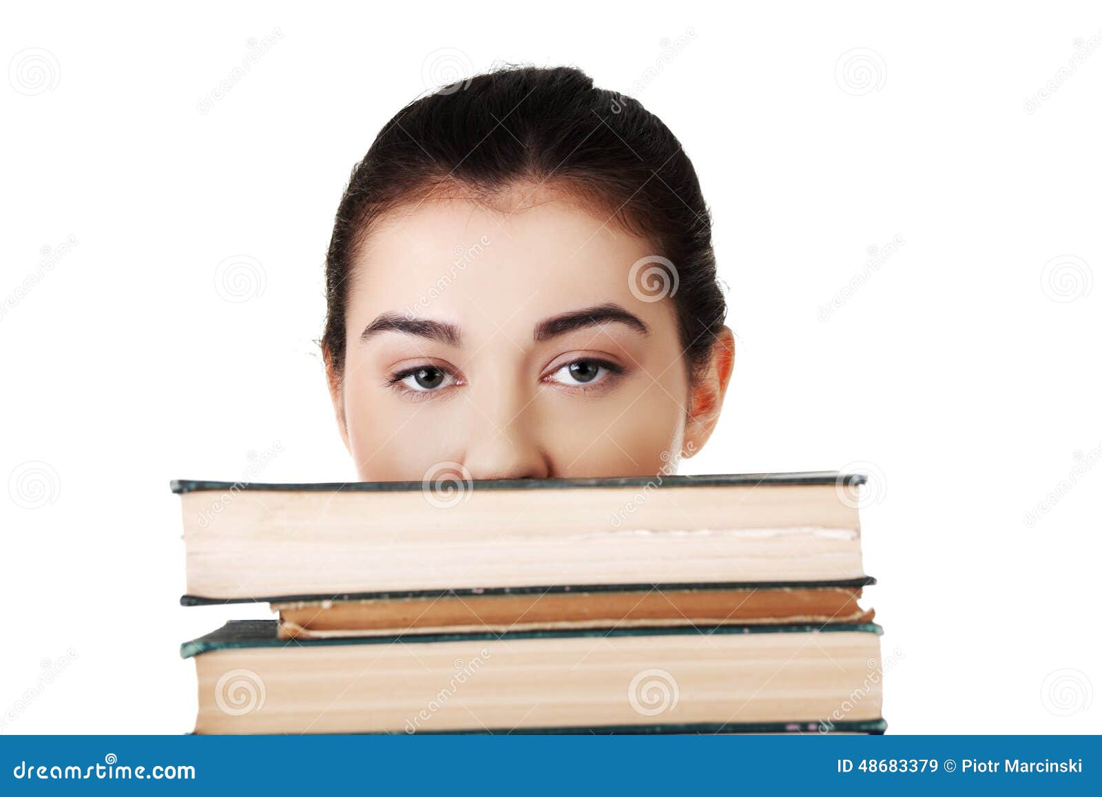 Young Student Woman Hiding Behind Books Stock Image - Image of looking ...