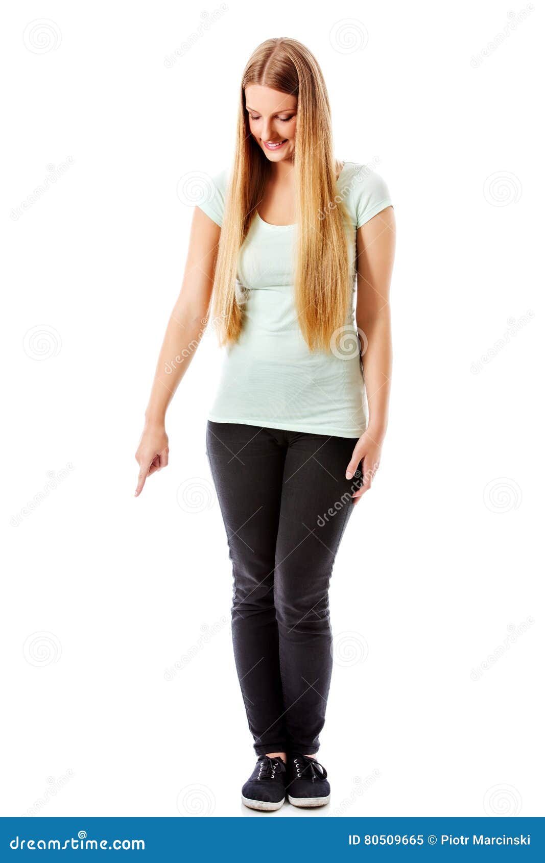 Young Student Woman Pointing Down. Stock Image - Image of beautiful ...