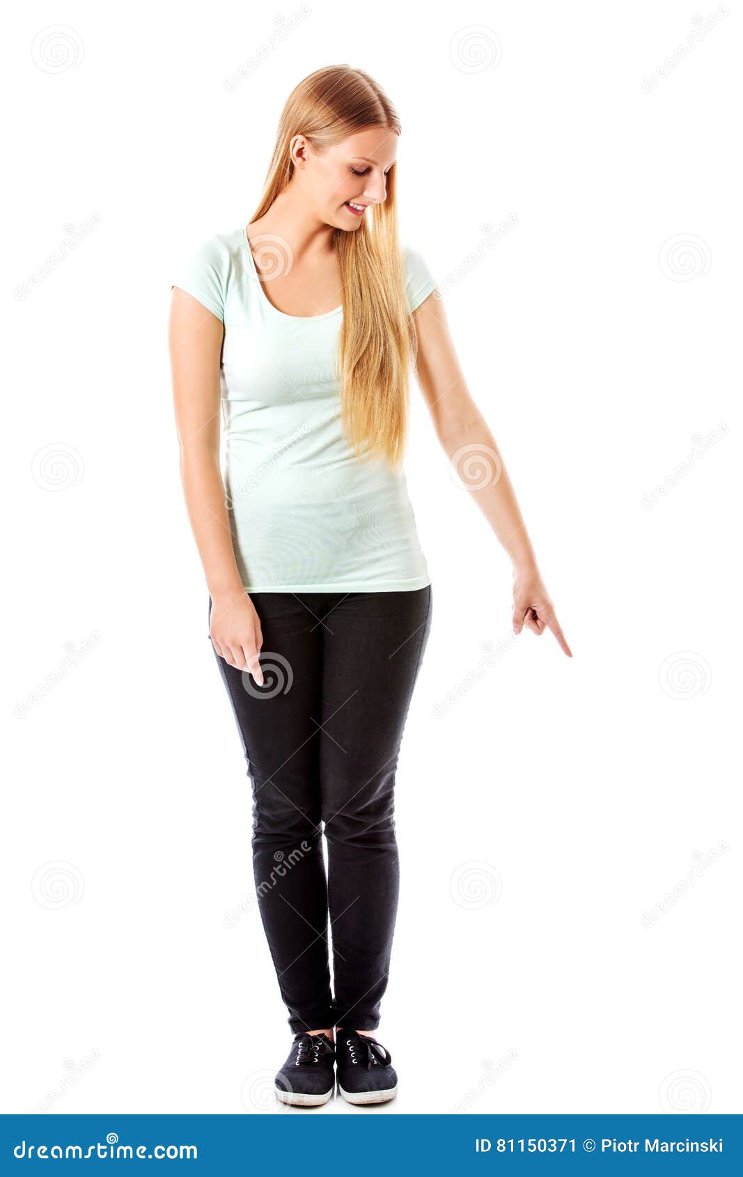 Young Student Woman Pointing Down. Stock Image - Image of joyful ...