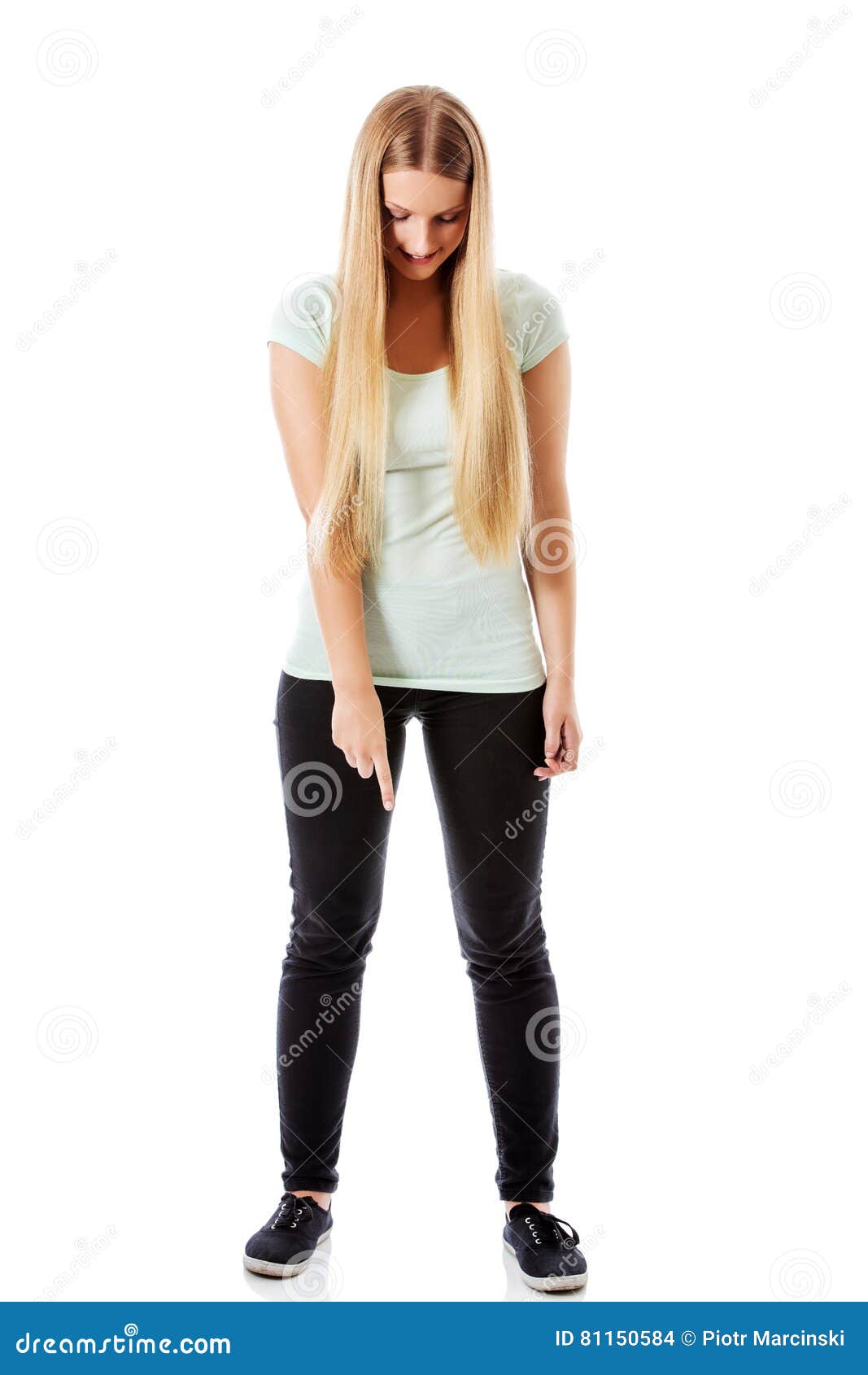 Young Student Woman Pointing Down. Stock Photo - Image of pointing ...