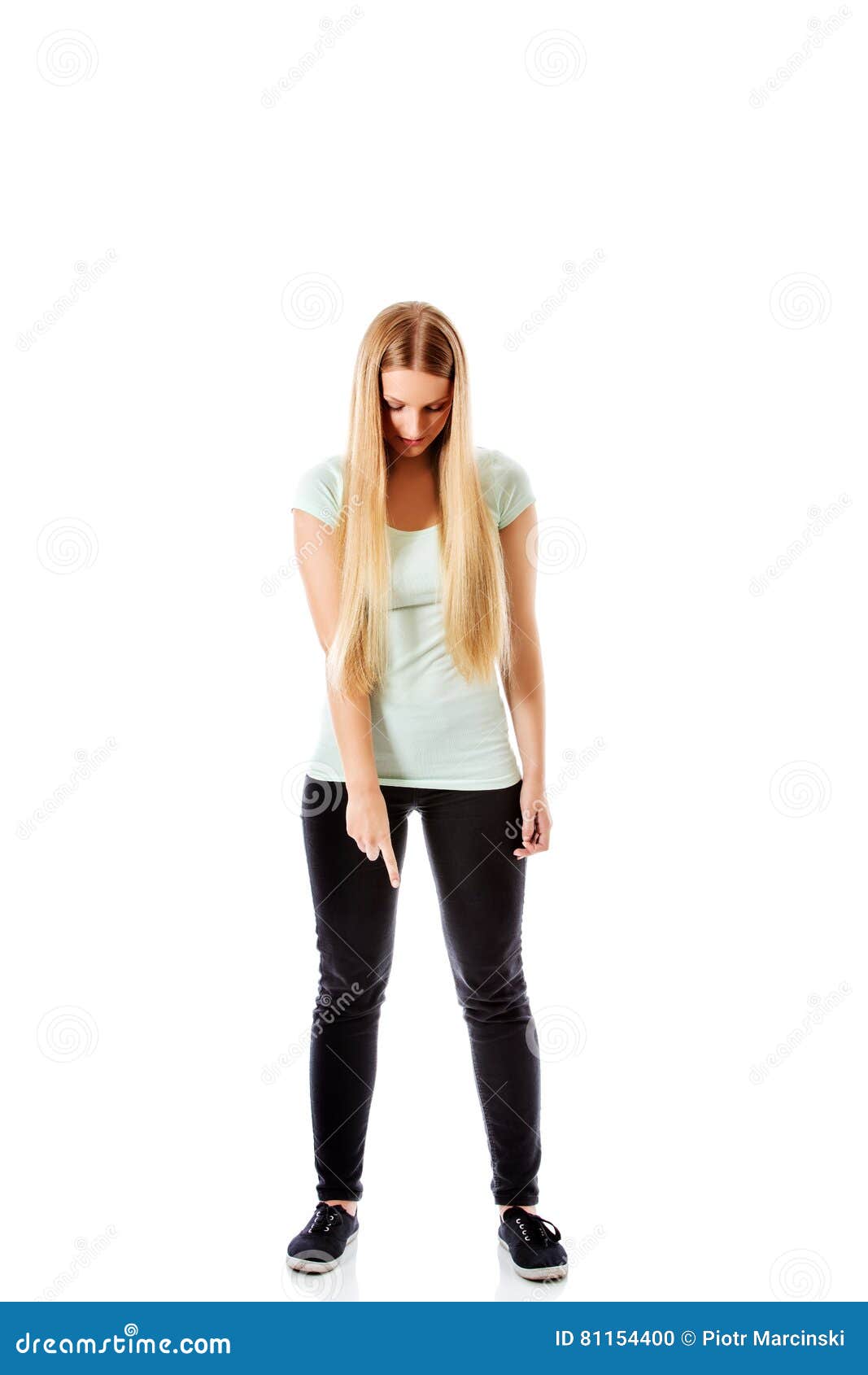 Young Student Woman Pointing Down. Stock Photo - Image of copyspace ...