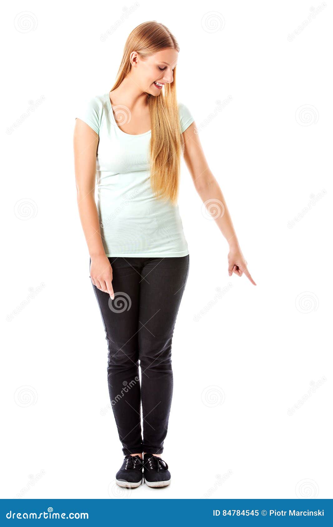 Young Student Woman Pointing Down. Stock Image - Image of studio ...