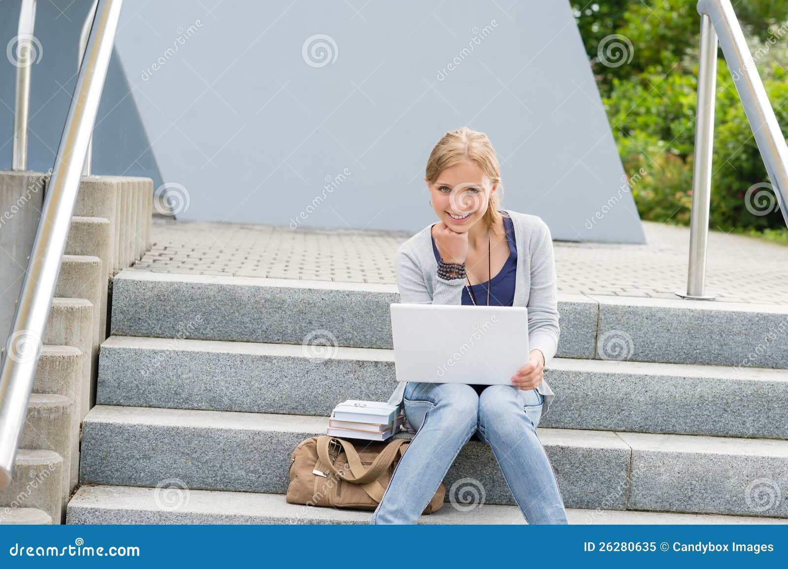 Young Student Woman Sitting on University Steps Stock Image - Image of ...