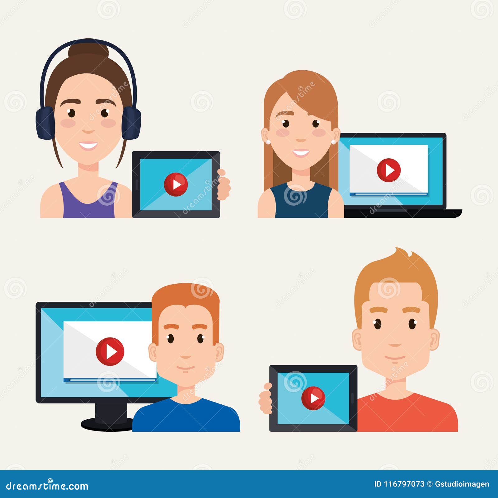 Young Students With Electronic Learning Cartoon Vector | CartoonDealer ...